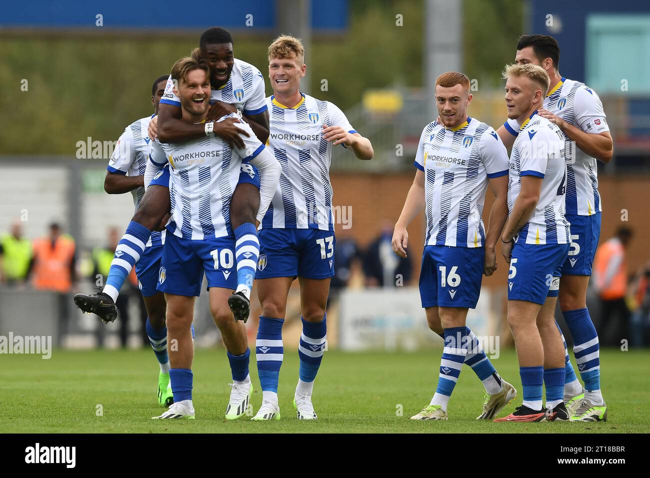 Noah Chilvers of Colchester United celebrates scoring his sides first ...
