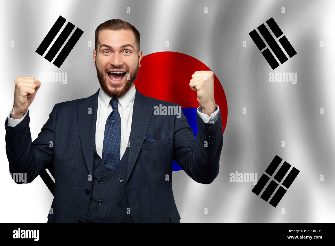 Korean happy businessman on the background of flag of Korea Business ...