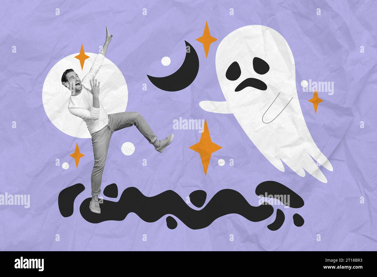 Creative collage image of flying ghost horrified mini black white ...