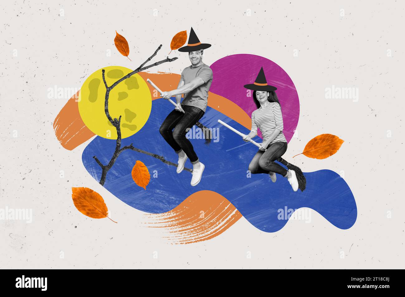 Collage artwork picture of excited smiling witch couple ride halloween ...