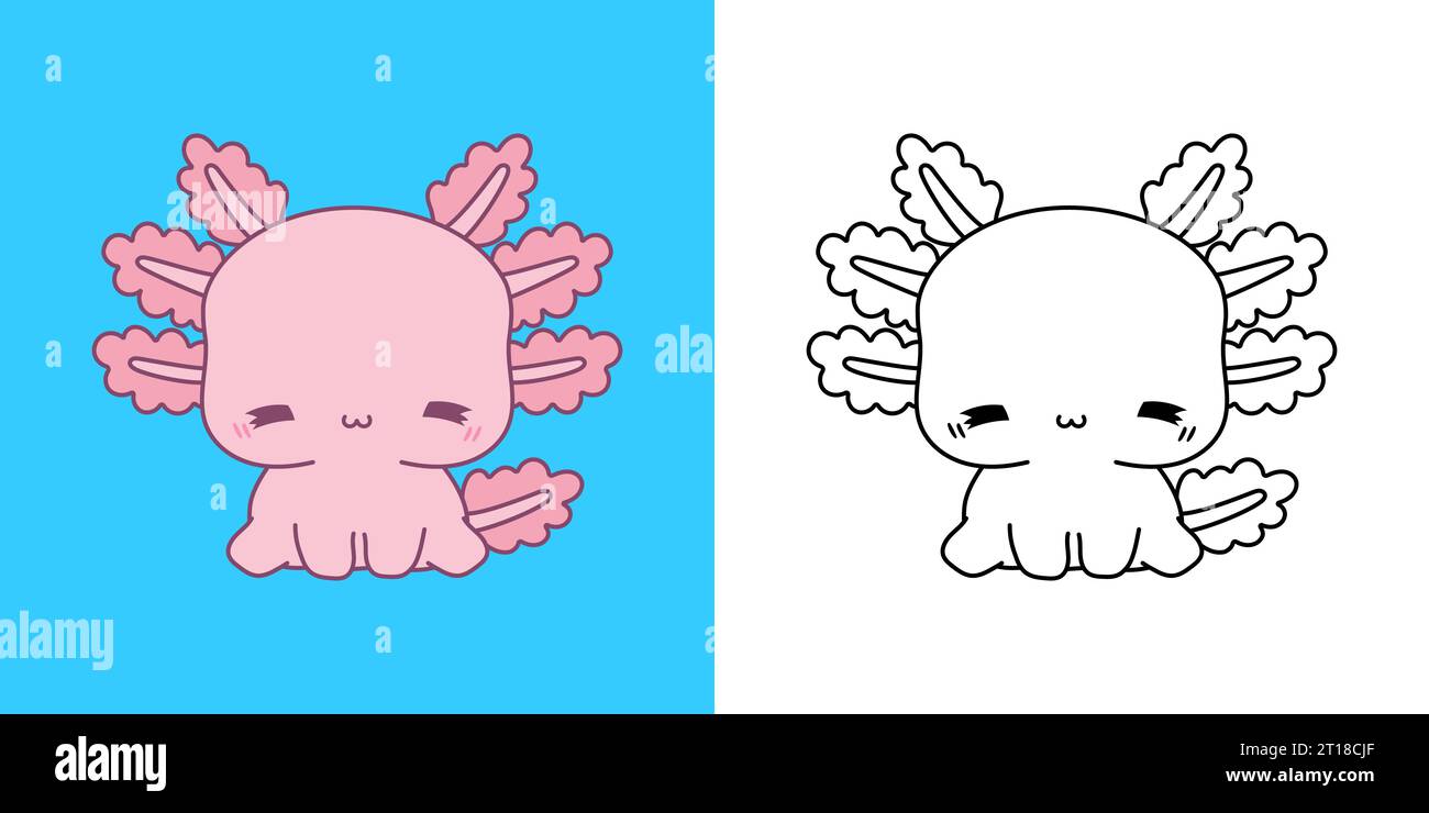 Cute Axolotl Clipart Illustration and Black and White. Kawaii Clip Art ...