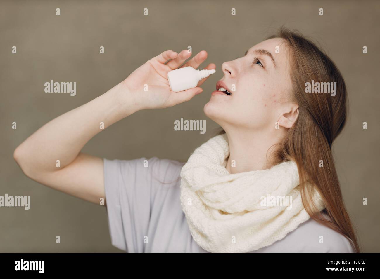 Young woman has flu catarrh ill sick disease treatment cold hold ...