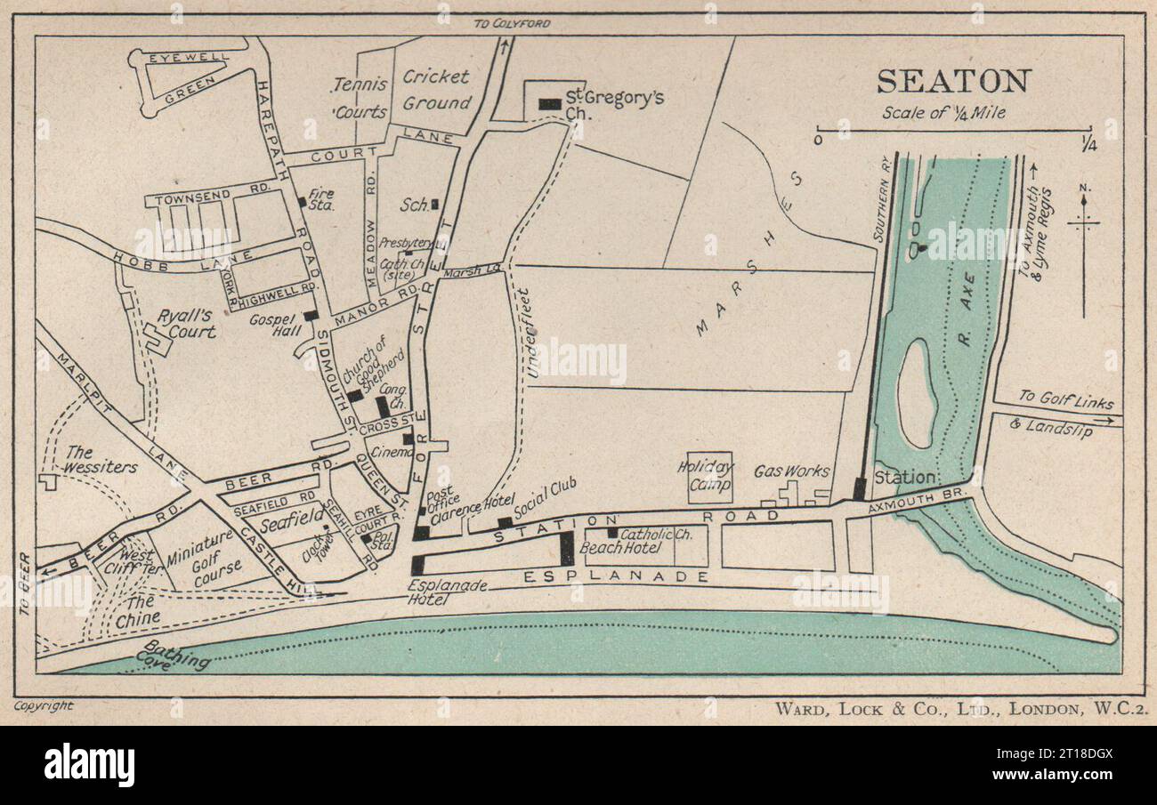 SEATON vintage town/city plan. Devon. WARD LOCK 1952 old vintage map ...