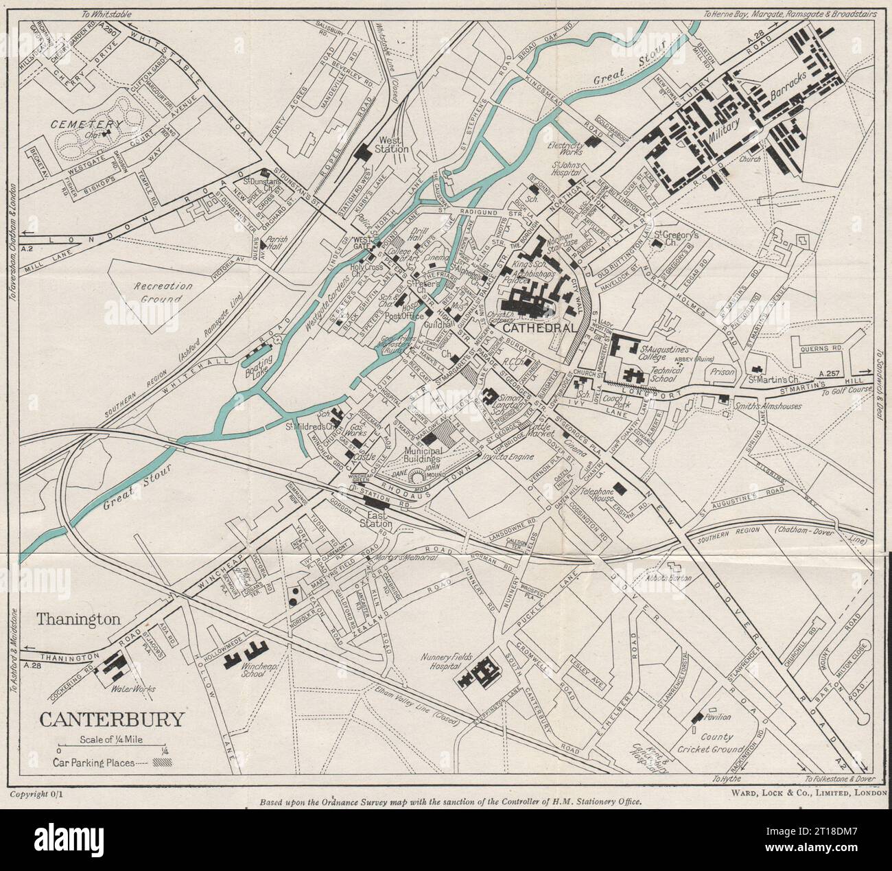 CANTERBURY vintage town/city plan. Kent. WARD LOCK 1954 old vintage map ...