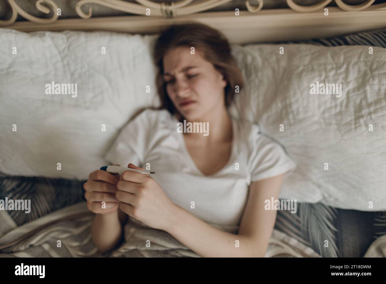 Young woman has flu catarrh ill sick disease treatment cold check ...