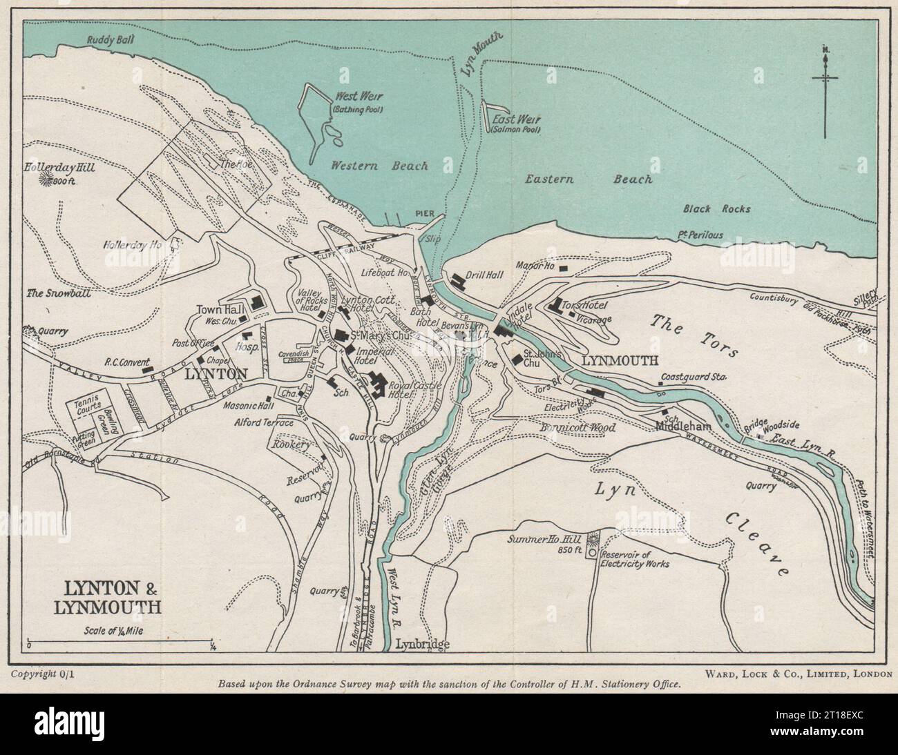 LYNTON & LYNMOUTH vintage town/city plan. Devon. WARD LOCK 1951 old map ...