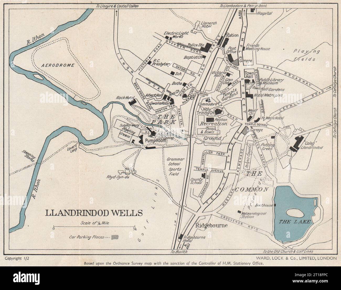 LLANDRINDOD WELLS vintage town/city plan. Wales. WARD LOCK 1953 old map ...
