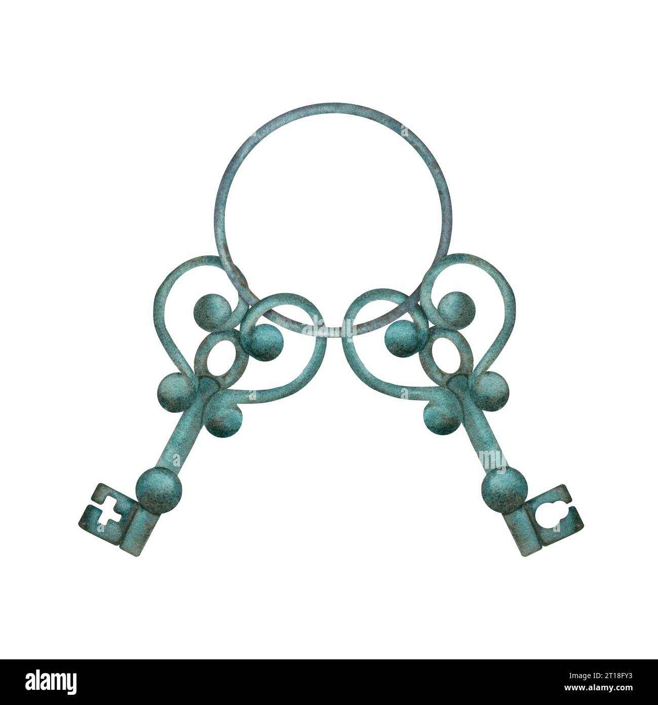 A bunch of two blue keys on a metal ring in vintage style. Watercolor ...