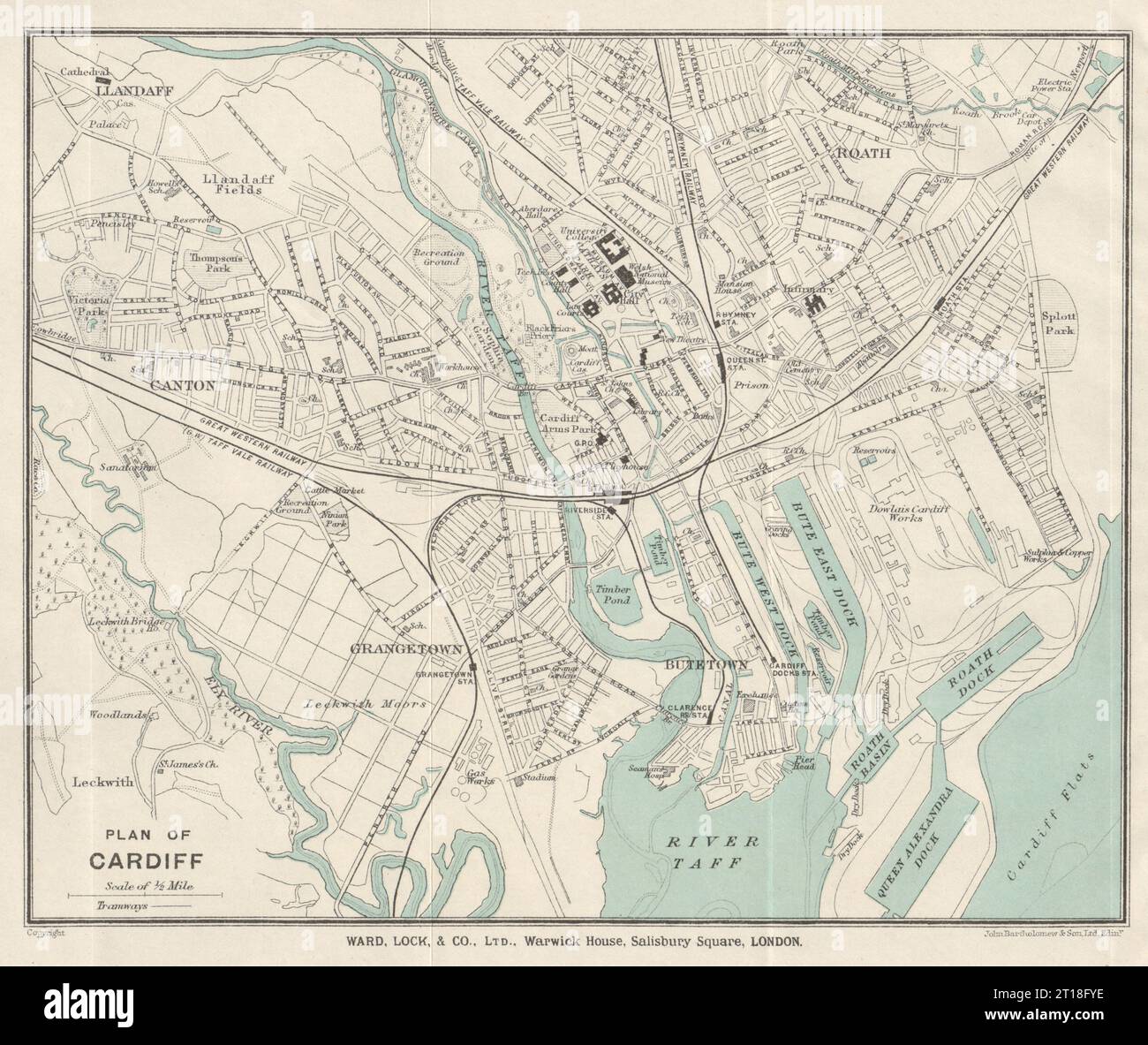 CARDIFF vintage city town plan. Wales. WARD LOCK 1925 old vintage map ...