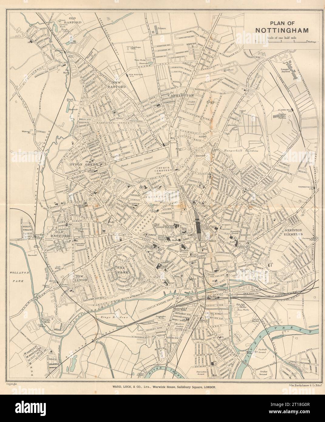 NOTTINGHAM vintage town/city plan. Nottinghamshire. WARD LOCK 1925 old ...