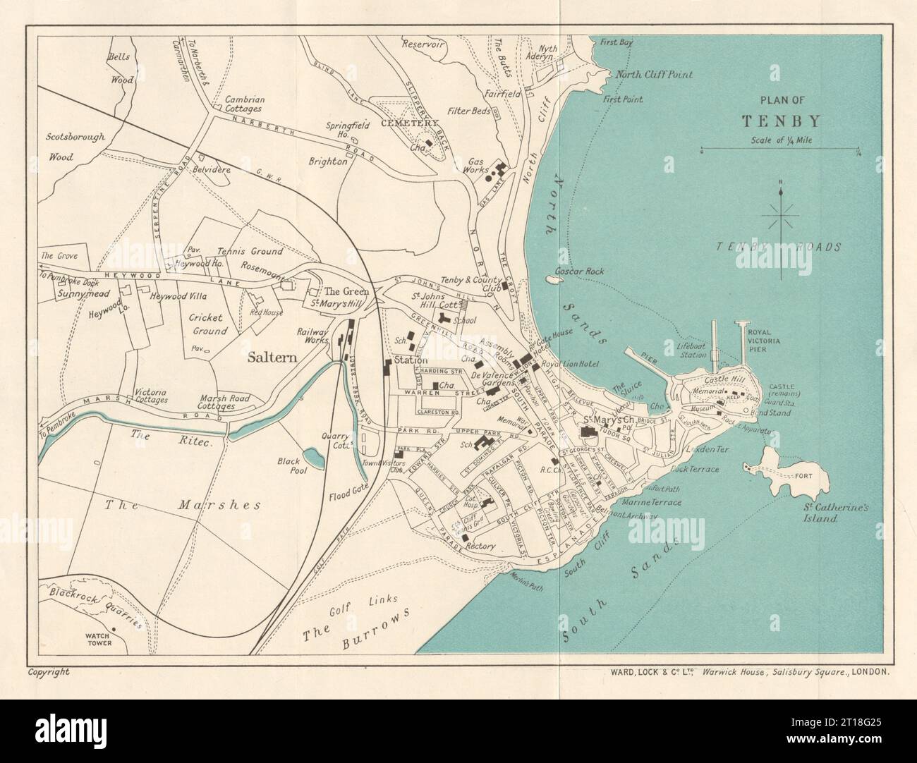 TENBY vintage tourist town city resort plan. Wales. WARD LOCK 1925 old ...