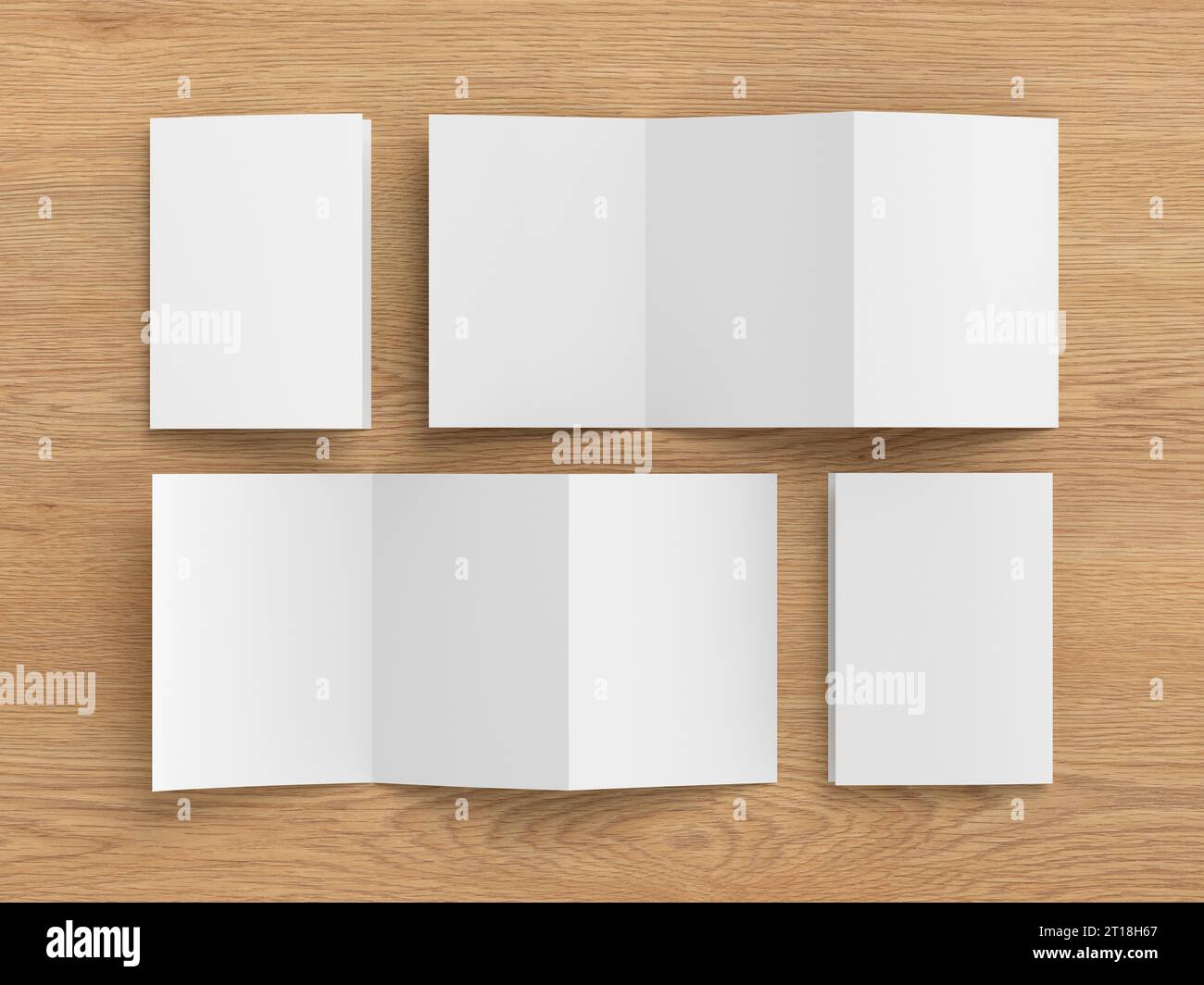 Vertical A5 pages accordion or zigzag trifold brochure mockup on wooden background. Three panels ...