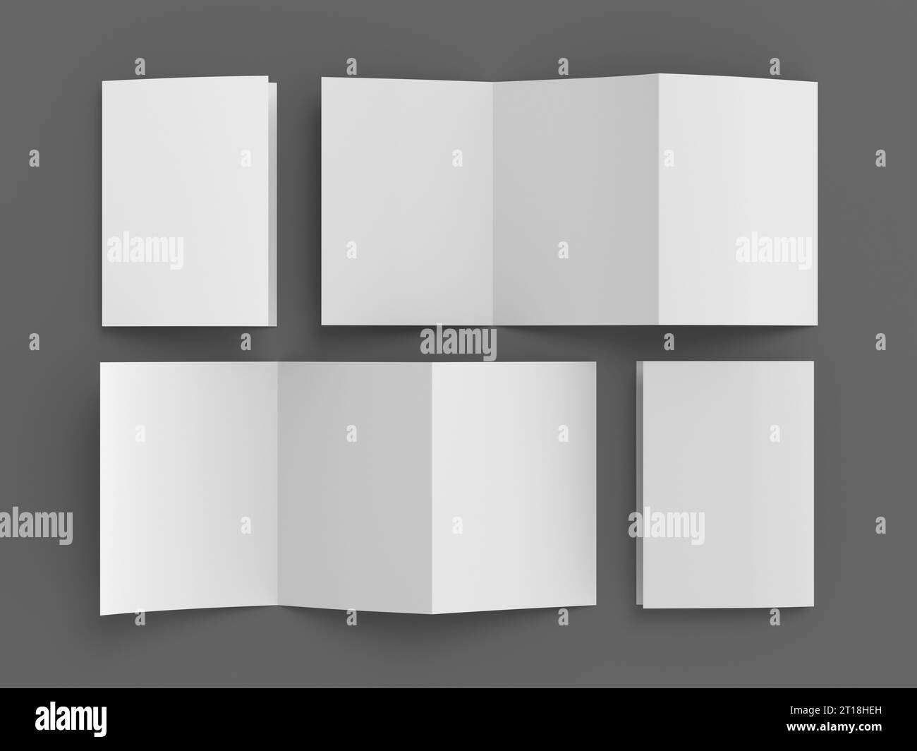 Vertical A5 pages accordion or zigzag trifold brochure mockup on gray background. Three panels ...