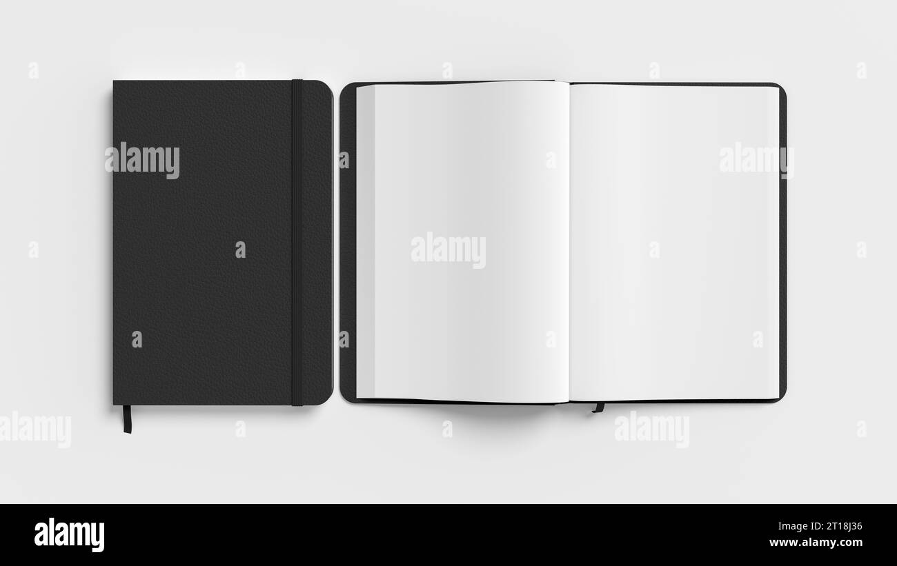 Black cover notebook and opened notebook mockup on white background ...