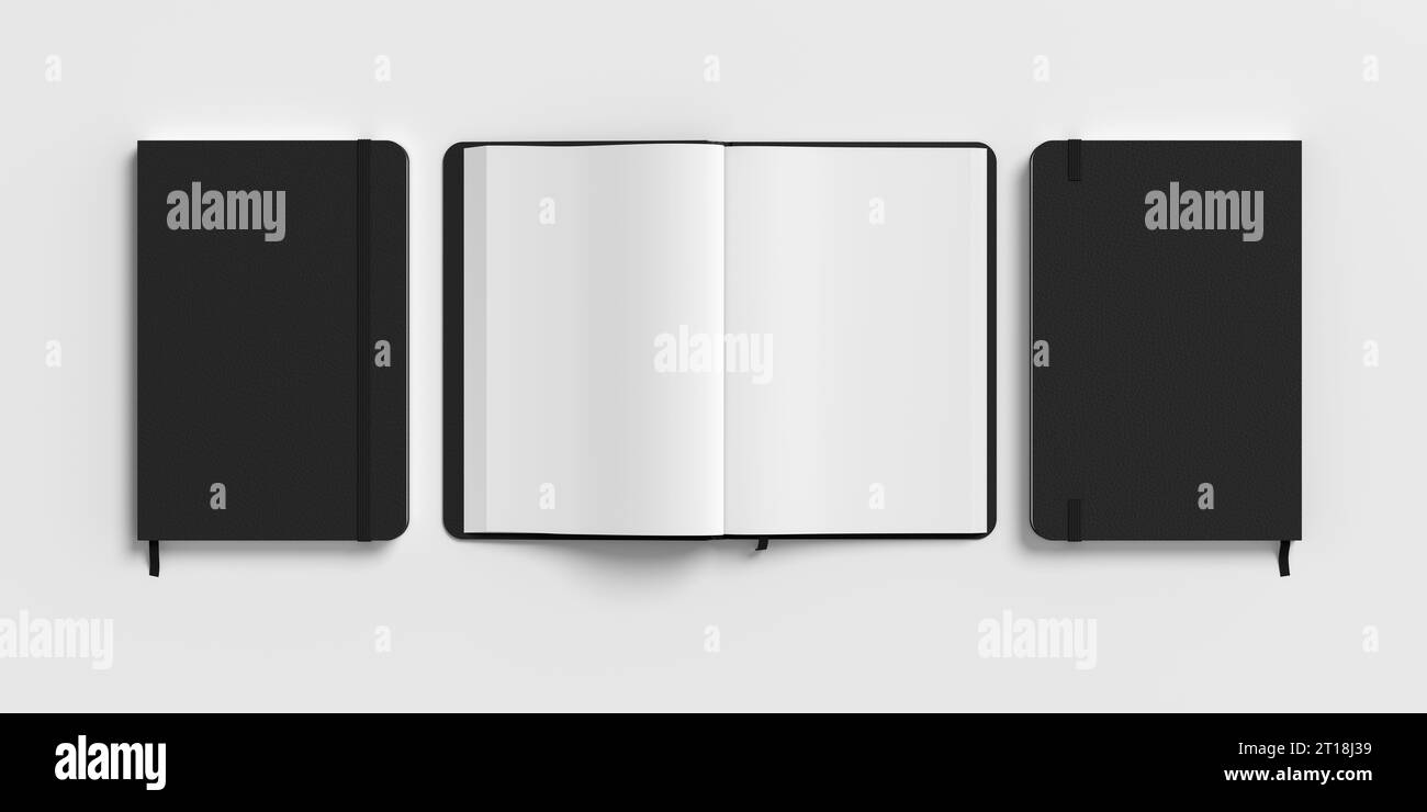 Black cover notebook and opened notebook mockup on white background ...