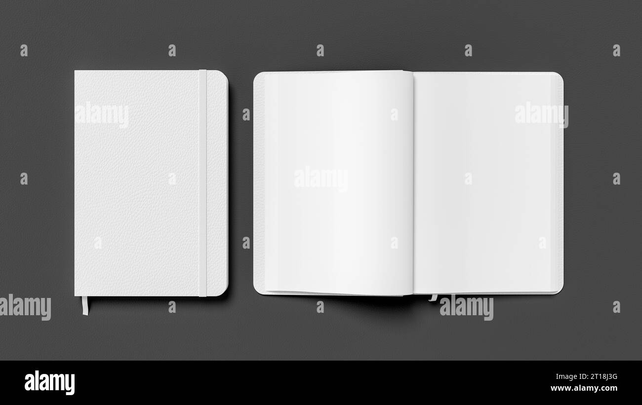 White cover notebook and opened notebook mockup on gray background ...