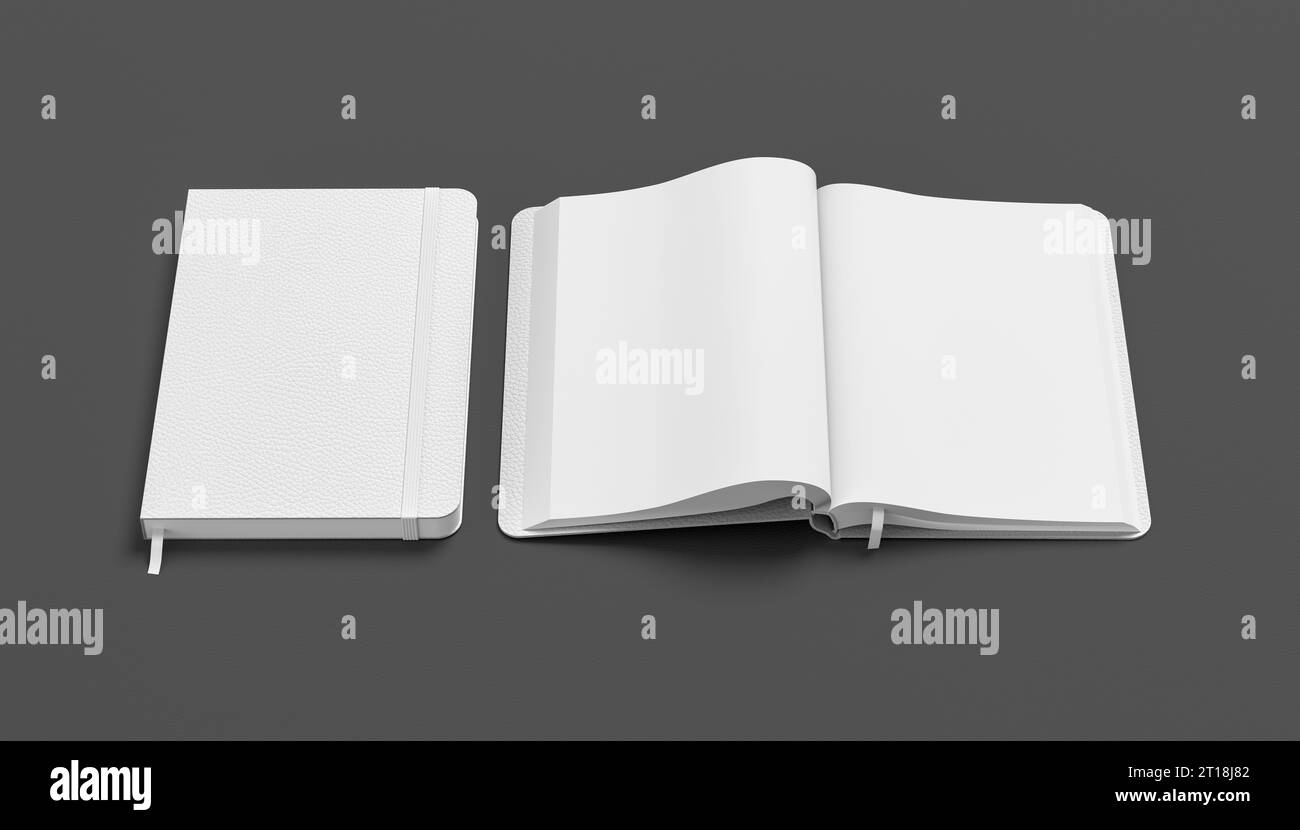 White cover notebook and opened notebook mockup on gray background ...