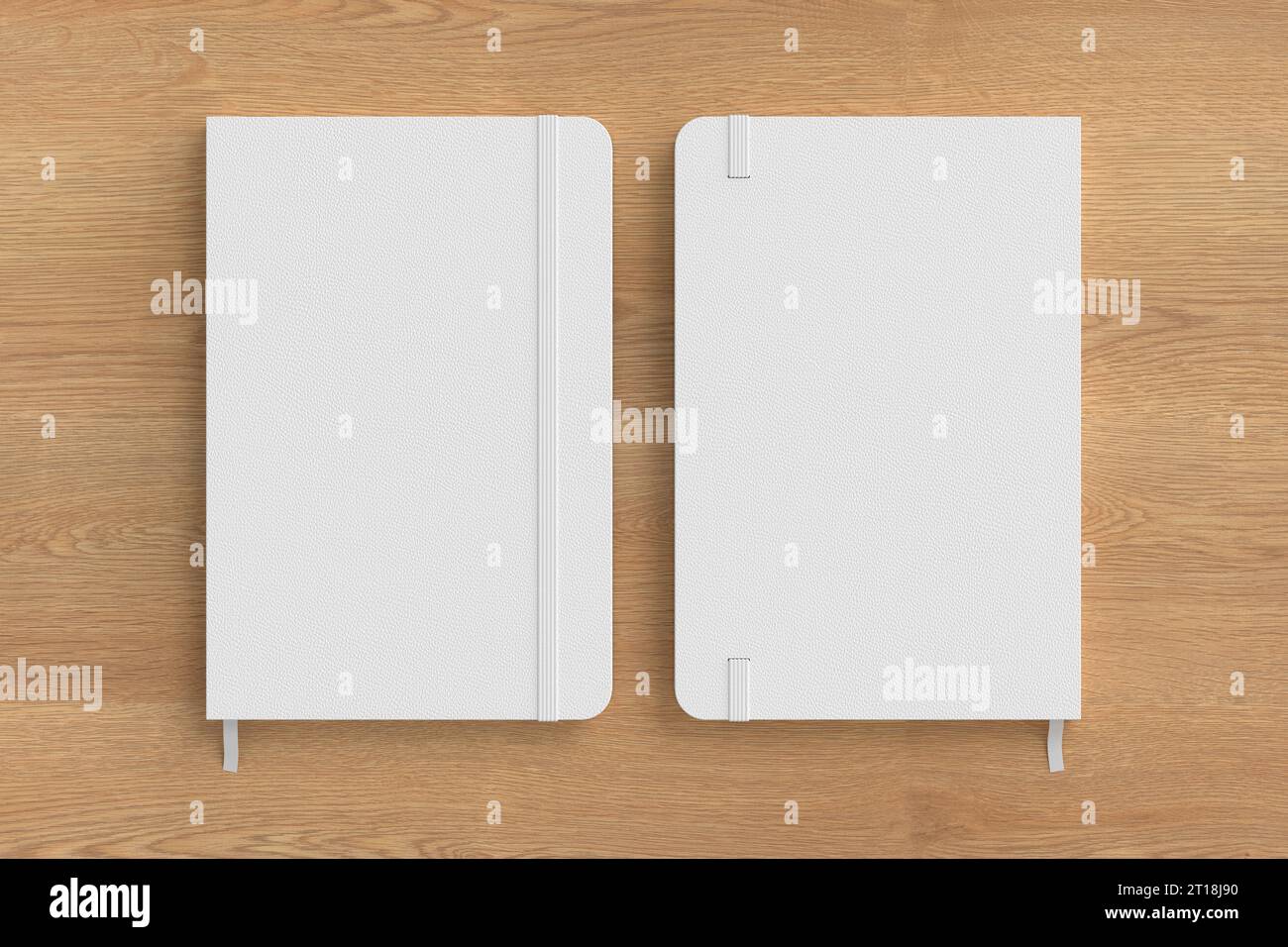 White cover notebook mockup on wooden background. Front and back view ...
