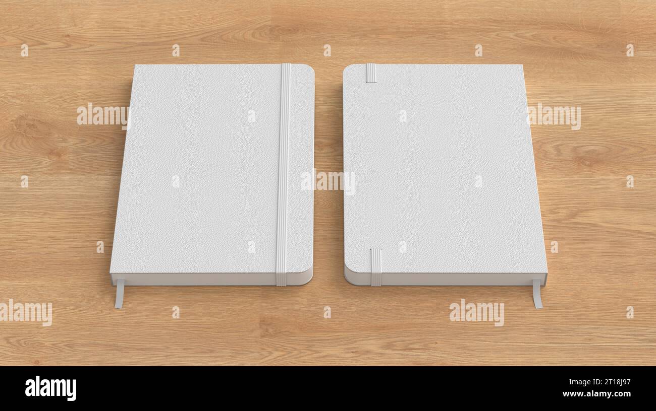 White cover notebook mockup on wooden background. Front and back view ...
