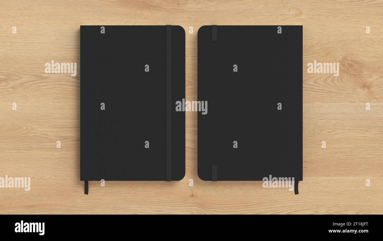 Black cover notebook mockup on wooden background. Front and back view ...