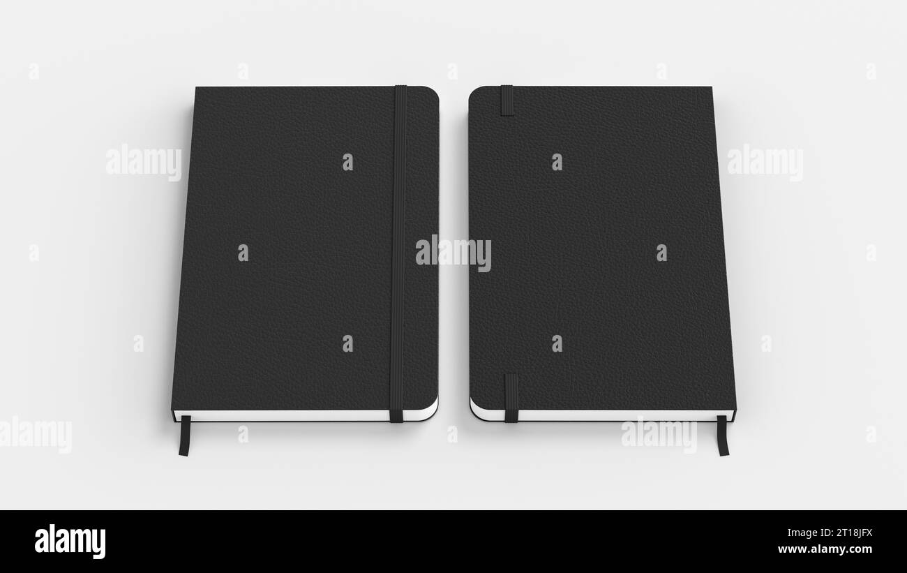 Black cover notebook mockup on white background. Front and back view of ...