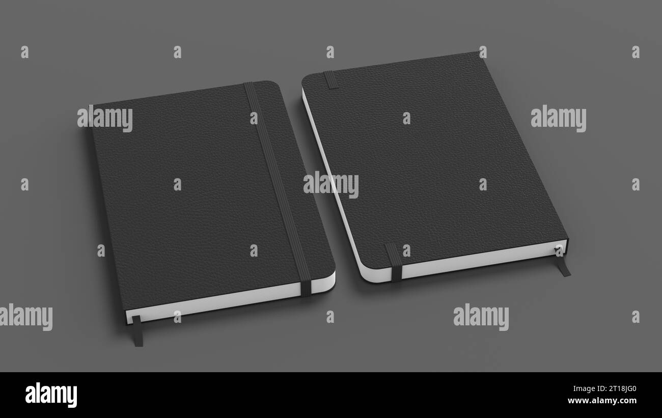 Black cover notebook mockup on gray background. Front and back view of ...
