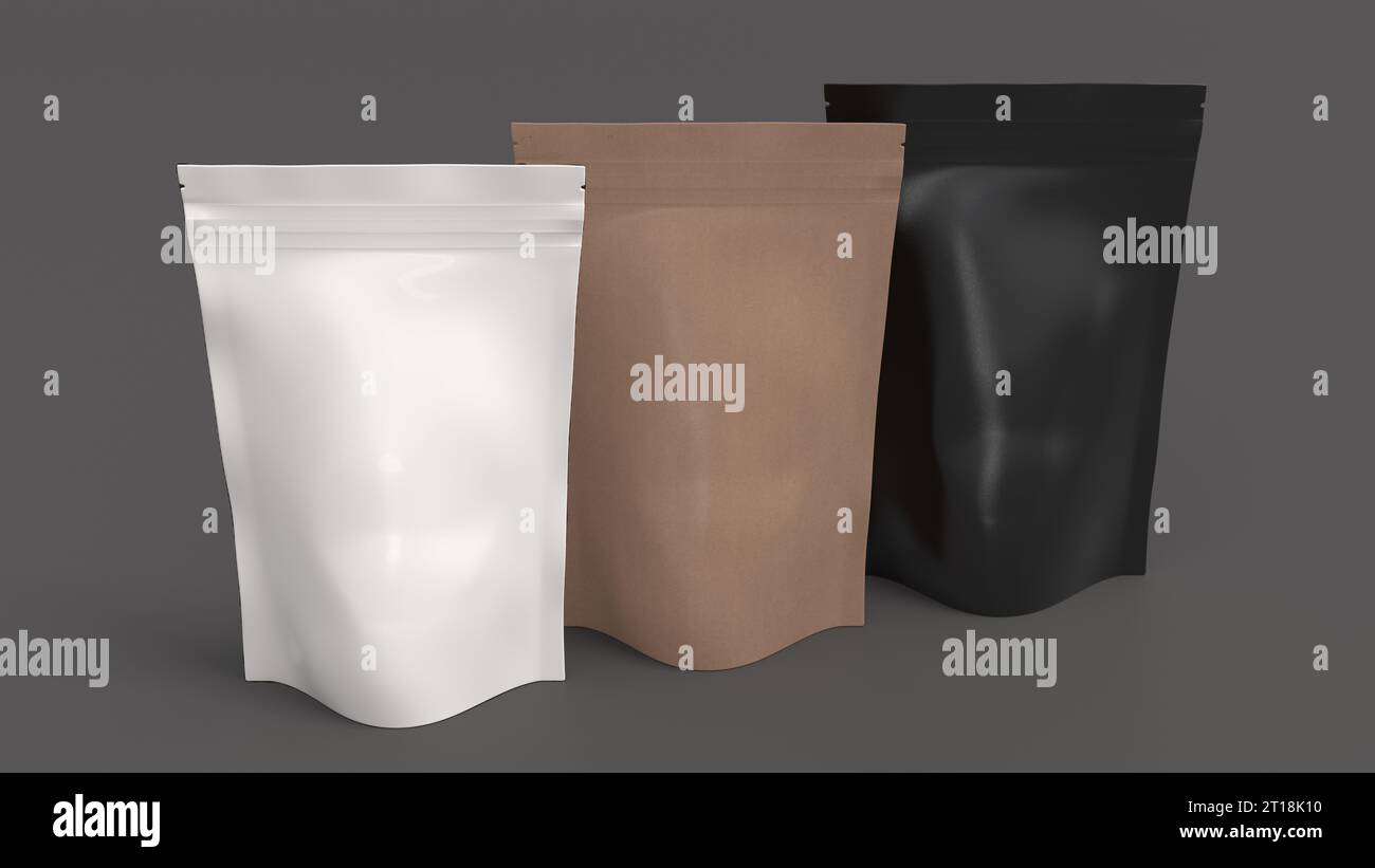 Black, craft and white packaging pouches mockup for tea, coffee, snack ...