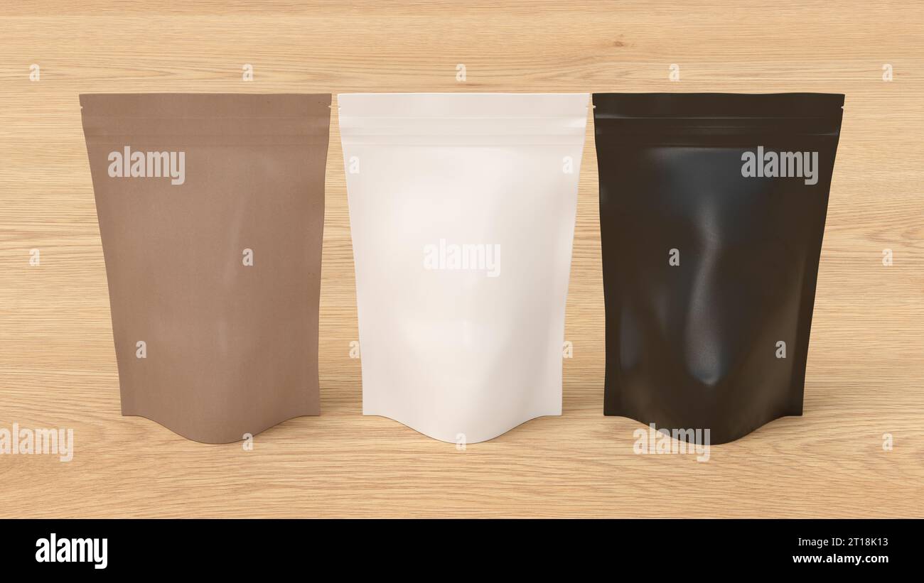 Black, craft and white packaging pouches mockup for tea, coffee, snack ...