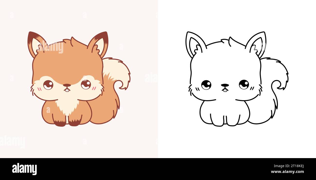 Kawaii Squirrel for Coloring Page and Illustration. Adorable Clip Art ...