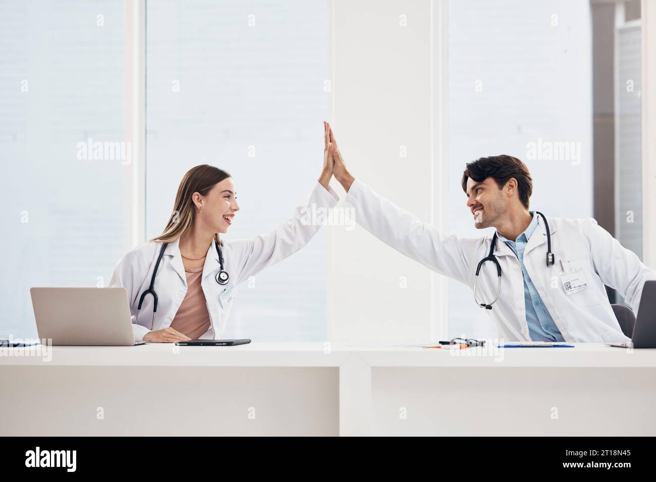 Success, high five or doctors in meeting for a strategy, goals or ...