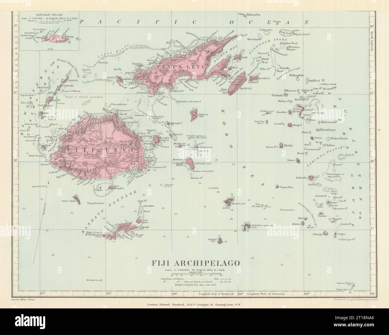 Fiji Archipelago. Vanua Levu. Viti Levu. Rotumah. STANFORD 1894 old map ...