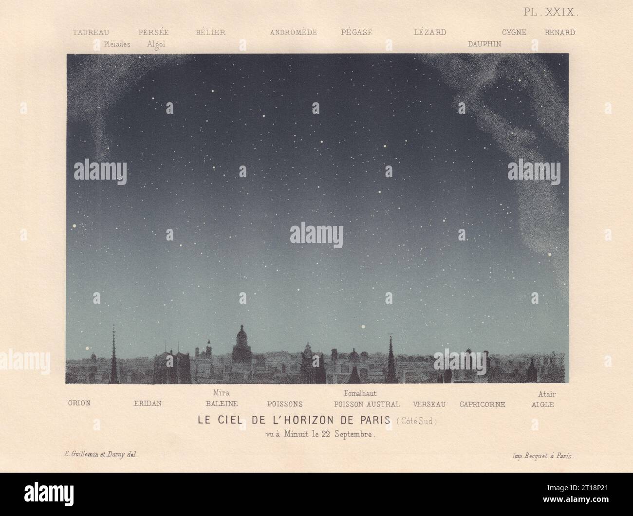PARIS. Southern Night Sky, Midnight September 22. Autumn Equinox 1866 ...