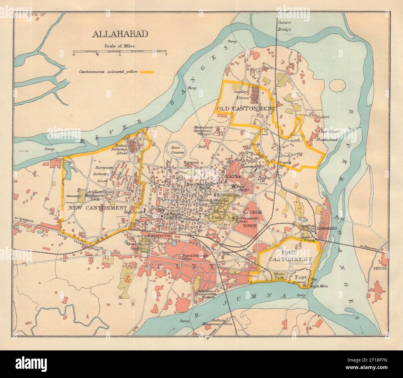 BRITISH INDIA. Allahabad (Prayag) city plan. Cantonment Ganges 1929 old ...
