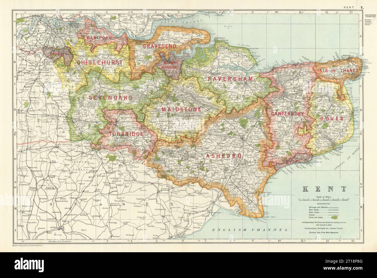 KENT. Showing Parliamentary divisions, boroughs & parks. BACON 1919 old ...