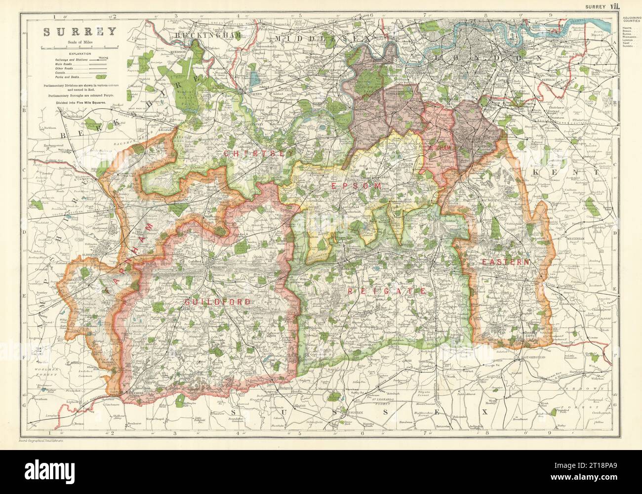 SURREY. Showing Parliamentary divisions, boroughs & parks. BACON 1919 ...