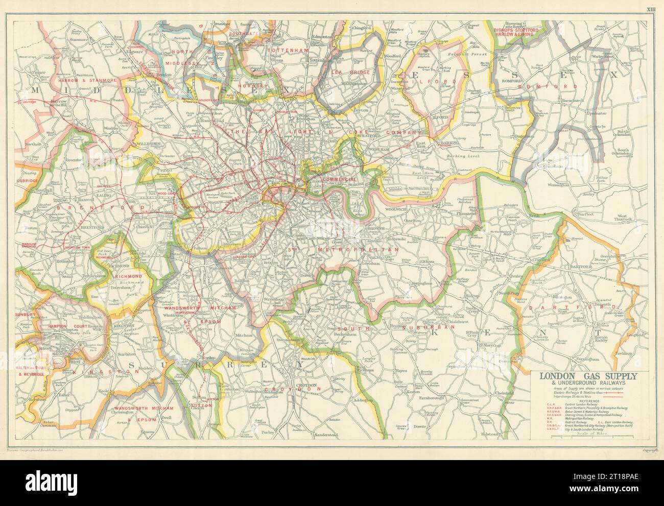 LONDON GAS SUPPLY areas + UNDERGROUND/Tube & electrified railways.BACON ...