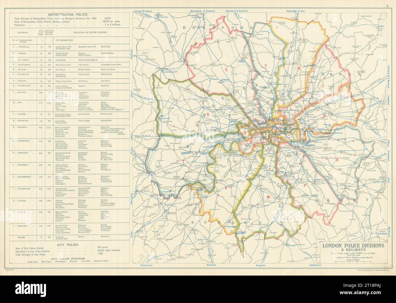 LONDON POLICE DIVISIONS & RAILWAYS showing Police stations. BACON 1919 ...