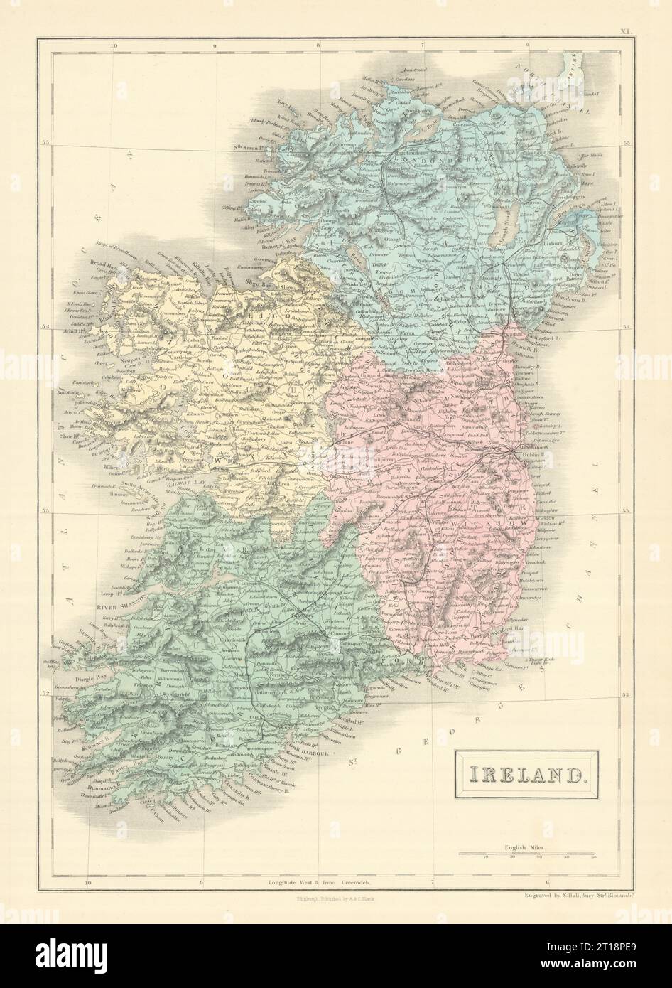 Ireland showing provinces & railways by SIDNEY HALL 1854 old antique ...