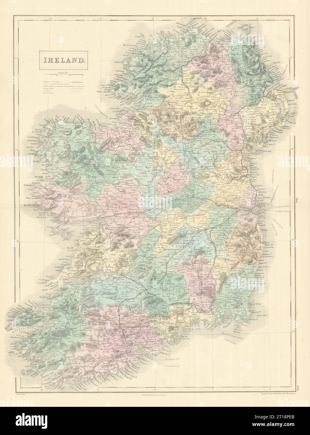 Ireland showing counties & railways by SIDNEY HALL 1854 old antique map ...