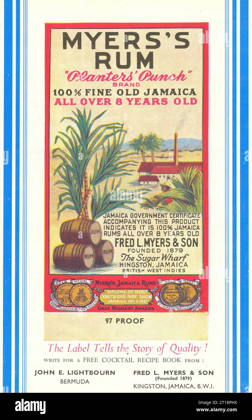 Myers's Rum "Planters' punch" brand, Jamaica. Advertisement 1938 old ...
