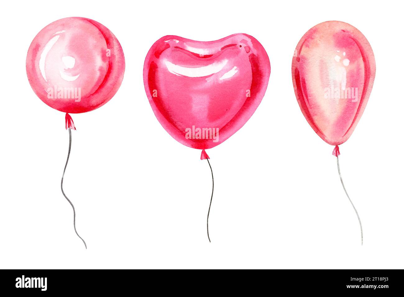 watercolor hand drawn set with air different pink transparent balloons ...