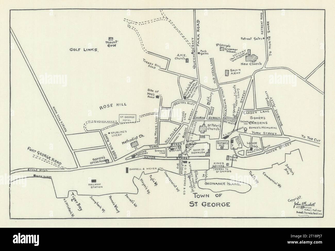 St. George, Bermuda town / city plan by John Bushell 1938 old vintage ...
