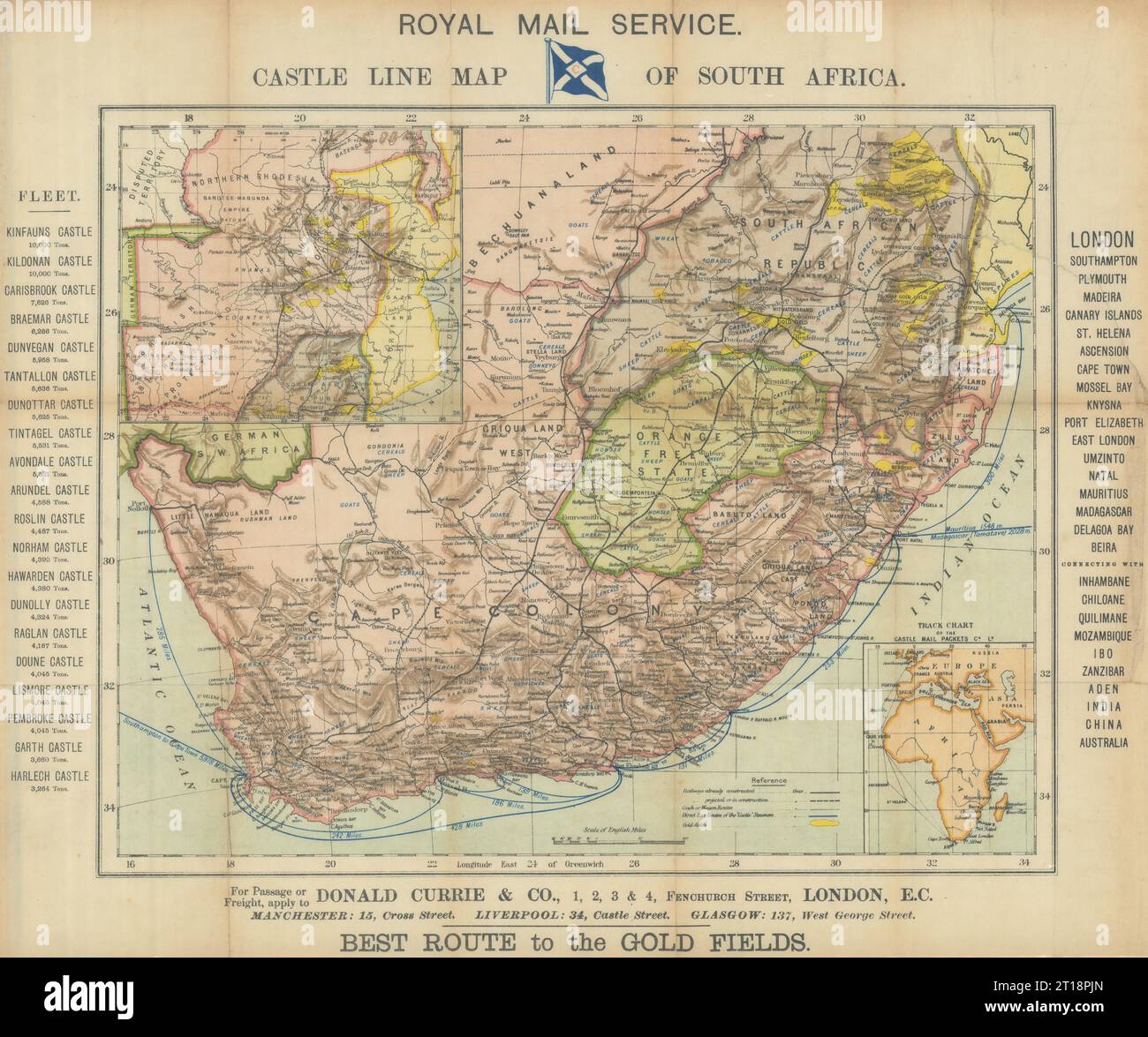 Royal Mail Service - Castle Line map of South Africa. SAMLER BROWN 1899 ...