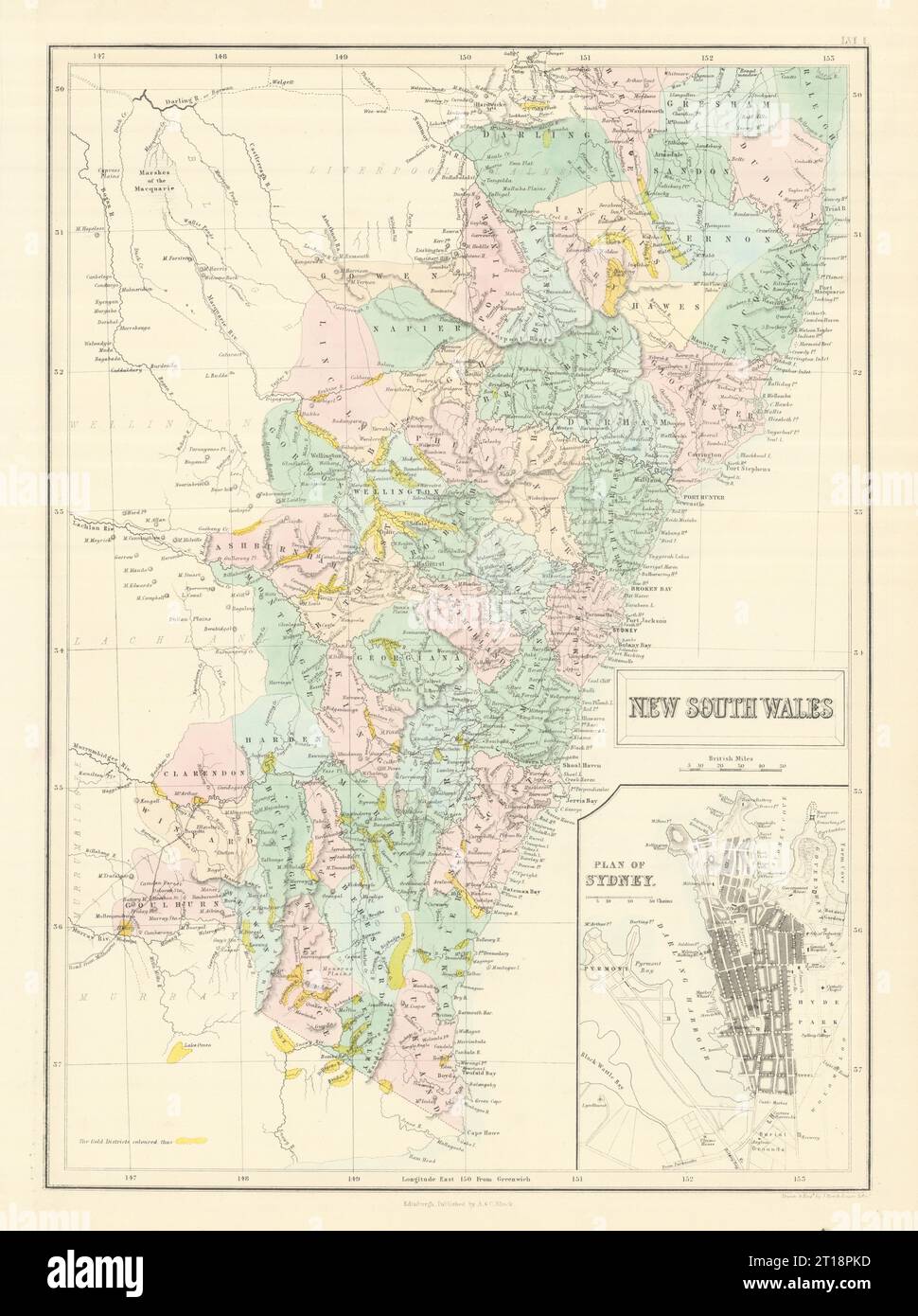 New South Wales showing gold rush districts. Inset Sydney city plan ...