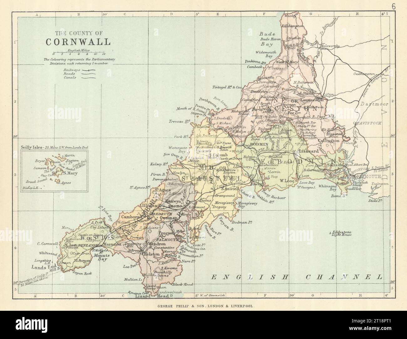 CORNWALL. Antique county map. Railways roads canals. Constituencies ...