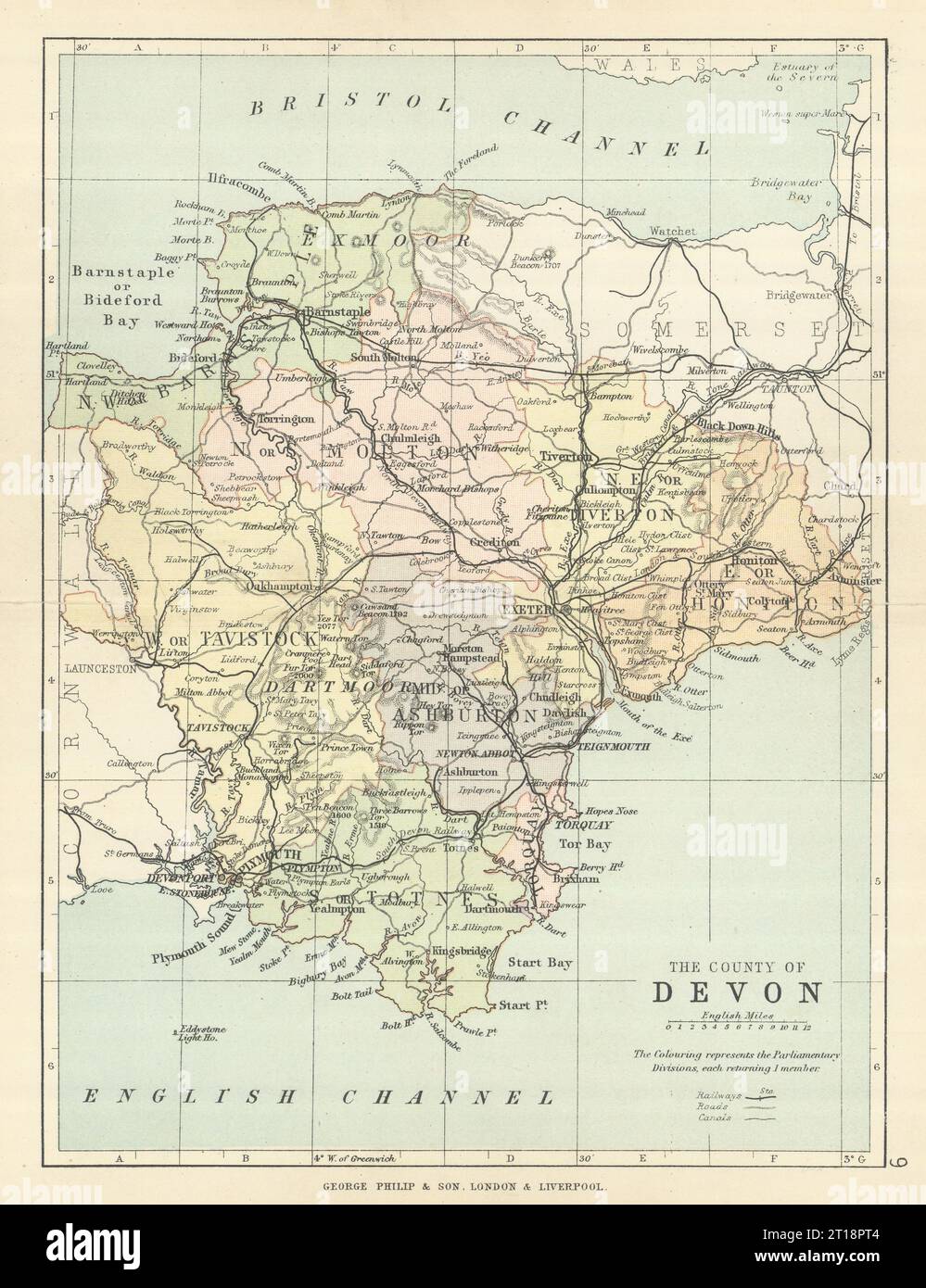DEVONSHIRE. Antique county map. Railways canals. Constituencies. PHILIP 1889 Stock Photo - Alamy