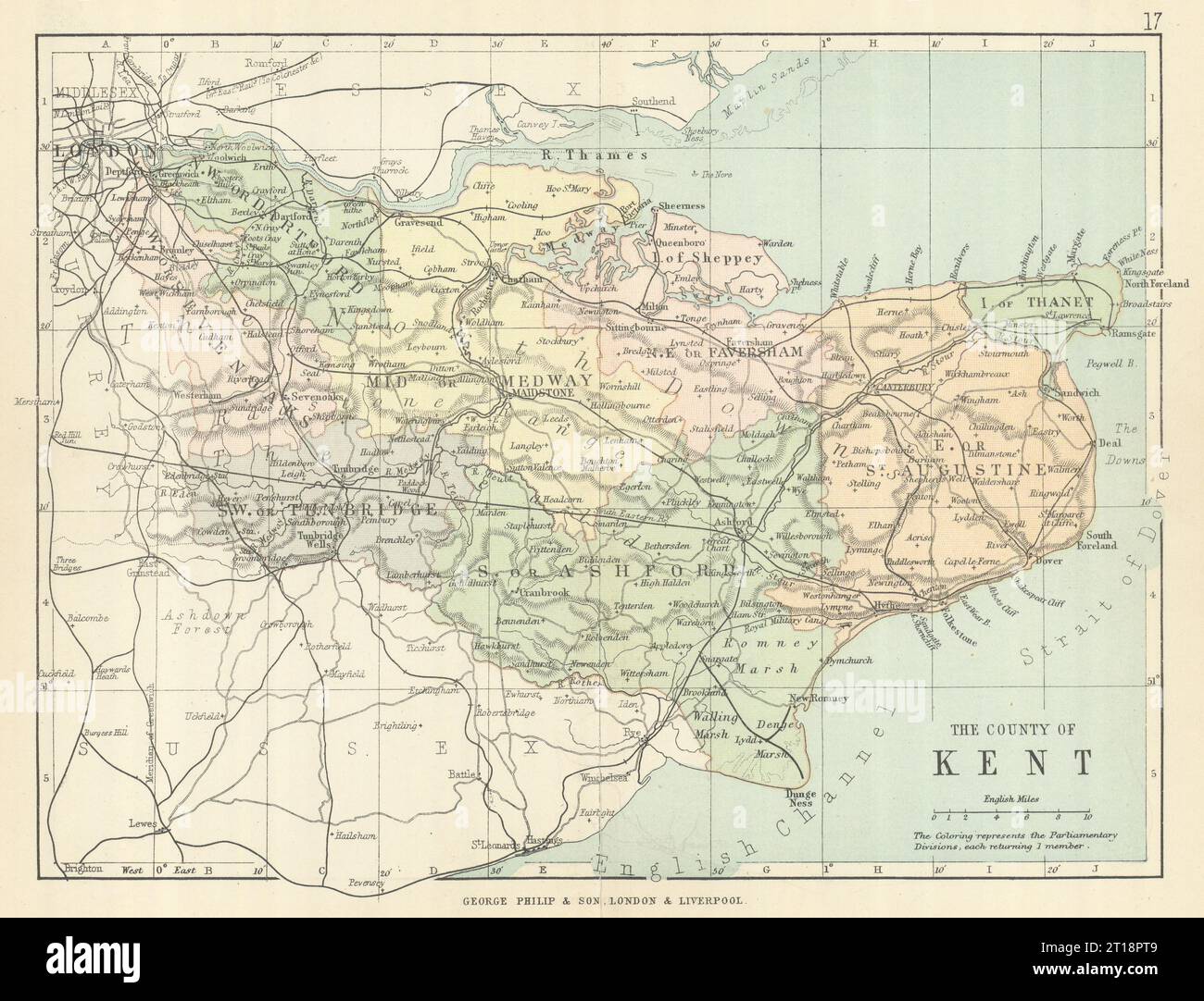 KENT. Antique county map. Railways roads. Constituencies. PHILIP 1889 ...