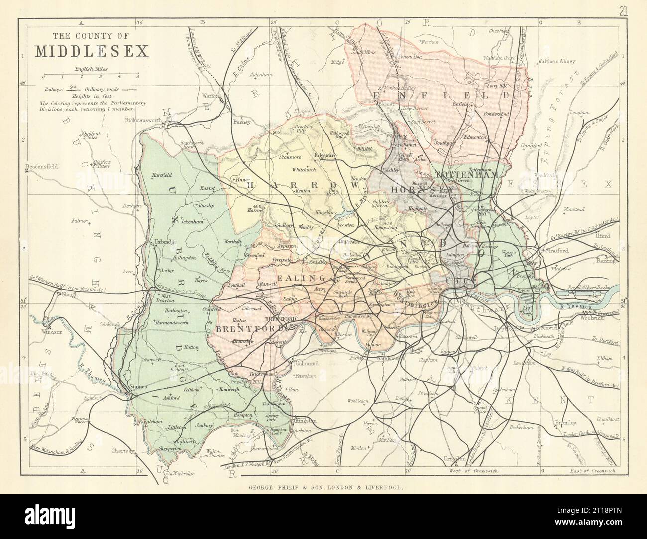MIDDLESEX. Antique county map. Railways roads. London. PHILIP 1889 old ...