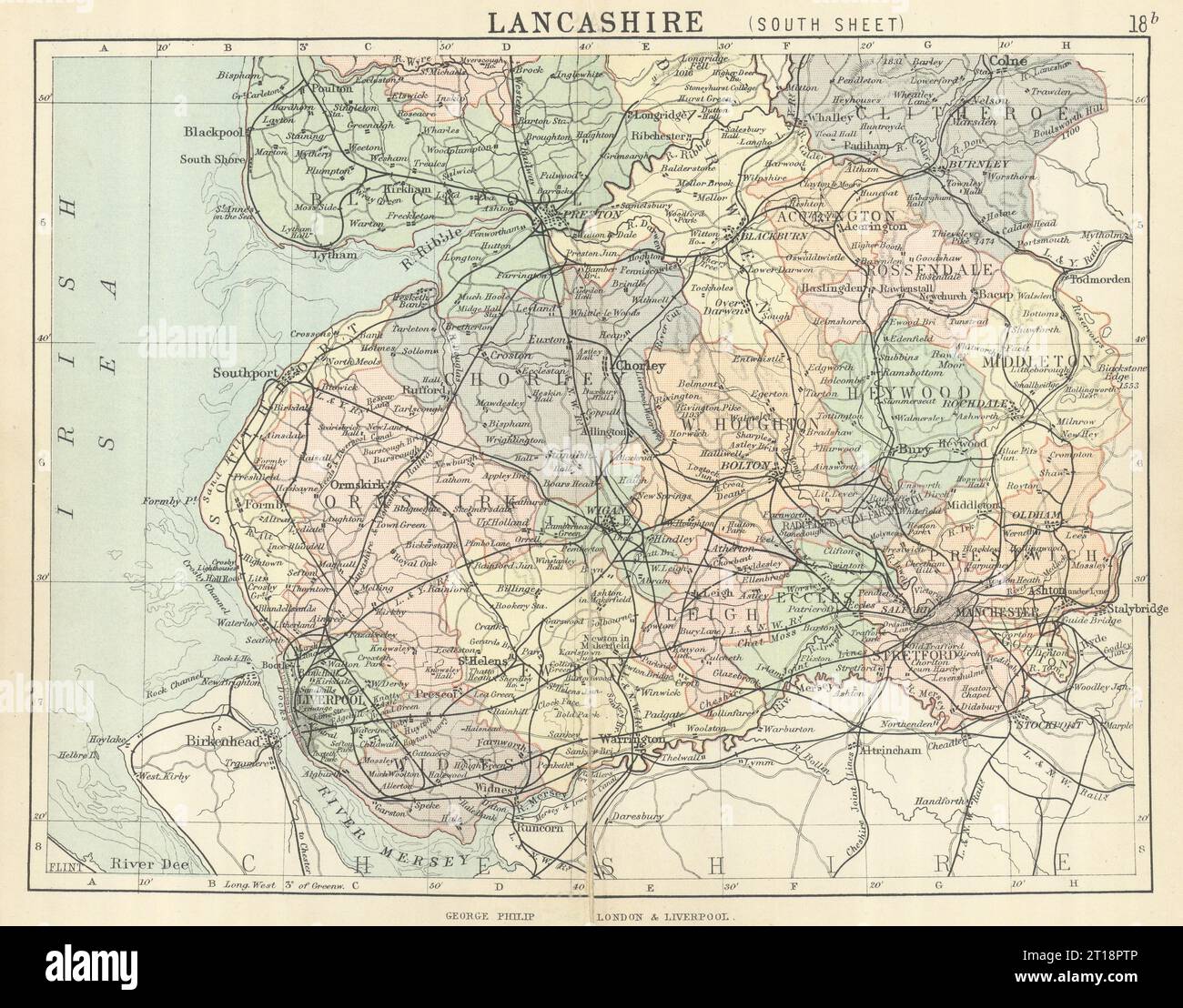 LANCASHIRE SOUTH. Antique county map. Railways roads constituencies ...