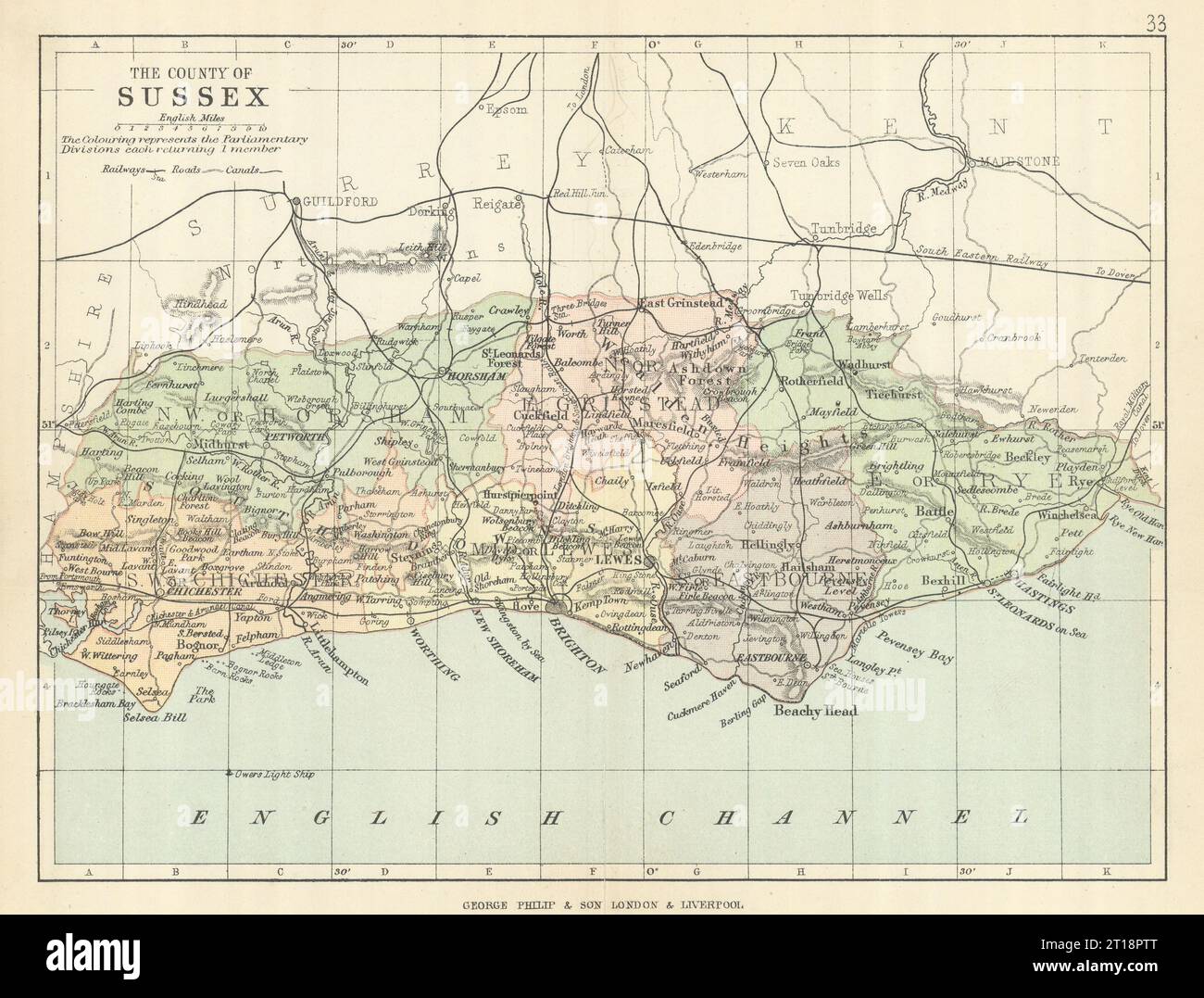 SUSSEX. Antique county map. Railways roads canals. Constituencies ...